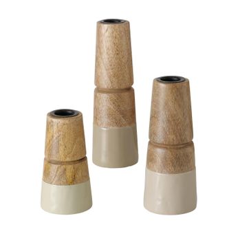 Boltze 3 x Kerzenleuchter Hotou H&ouml;he 12-19 cm Holz Natur, Set