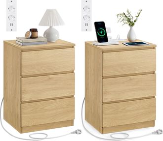 Vasagle Kailyn Kollektion - Nachttisch mit Steckdosenleiste, 2er Set, Beistelltisch, 3 Schubladen, 2 AC-Steckdosen, 2 USB-A-Anschl&uuml;sse, modern, strohgelb LET8