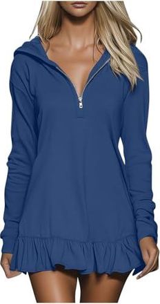 Generic Mini robe chandail &agrave; capuche avec fermeture &eacute;clair quart de col en V pour femme, style r&eacute;tro, surdimensionn&eacute;, ourlet &agrave; volants, tendance, d&eacute;contract&eacute;,