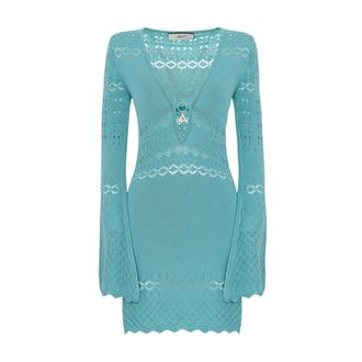 Akep Robe Tricot&eacute;e &agrave; Manches Cloche - Femme - Robes - Bleu - Taille: 42 FR