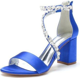 Generic Femmes Mari&eacute;e Talon Heel Sandales Chunky Ouvert Bout Mariage Talons Lani&egrave;res Cheville Boucle Dress 8 CM Heels,Bleu,38 EU