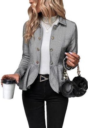 Minetom Blazer Femme Élégant Veste de Tailleur Costume Manches Longue Bureau Affaires Manteau à Volants Blouson avec Boutons A Gris L