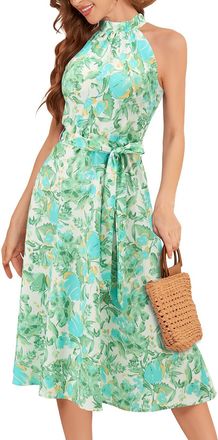 Bbonlinedress Sommerkleid Damen lang elegant Blumendruck Freizeitkleider Neckholder Casual Floral Boho Strandkleid Party Cocktailkleid Green Blue Flower 2XL