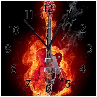 Wallario Design-Wanduhr Brennende Gitarre aus Glas, Motiv-Uhr Größe 30 x 30 cm, Schwarze Zeiger