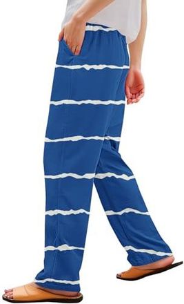 Generic Pantalon en Lin pour Femme L&eacute;ger Ete Leger Fluide Pantalon D&eacute;contract&eacute; &Agrave; Rayures et Poches Amples pour Femme Chic et Elegant Taille Elastique (Blue XX