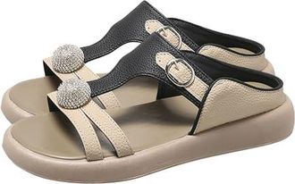 Generic Sandales Femme Plates Cuir Strass &eacute;t&eacute; Bout Ouvert Slip on Tongs Sandales De Plage Elegant Chic Confortable l&eacute;ger Fond Souple Sandales D&eacute;contract&eacute;e 34 