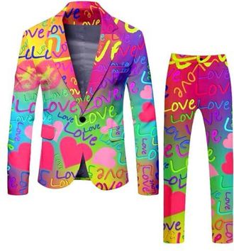 Generic Costume de Saint-Valentin pour homme 2 pi&egrave;ces &eacute;l&eacute;gant blazer f&ecirc;te costume imprim&eacute; avec imprim&eacute; coeur amusant veste streetwear avec pantalon coupe droi