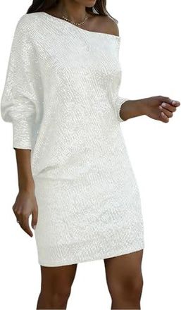 Generic Mini robe asym&eacute;trique &agrave; paillettes &agrave; &eacute;paules d&eacute;nud&eacute;es pour femme - Robe de soir&eacute;e formelle &agrave; paillettes, blanc, XXL