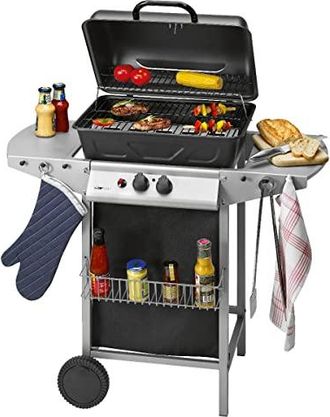 Clatronic Gasgrill mit 2 Heizzonen | individuelle Temperatursteuerung | inkl. Grillrost + Warmhalterost | Grill mit praktischem Ablagekorb und großem Stauraum f