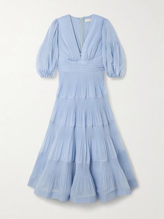 Zimmermann Tiered Pliss&eacute; Silk-organza Midi Dress - Blue