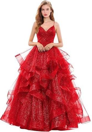 Generic Robe de bal en tulle paillet&eacute; avec col en V et bretelles spaghetti, robe de demoiselle dhonneur, robe de soir&eacute;e formelle longue &agrave; &eacute;tages, Rouge, 42