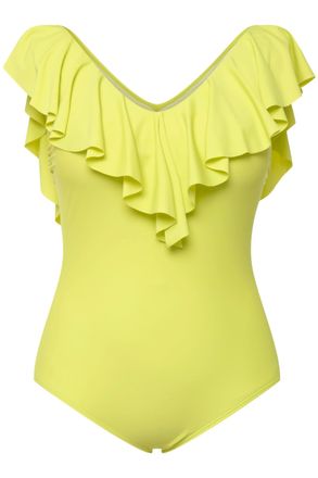 Ulla Popken Damen Badpak, volant, V-hals, softcups Badeanz ge, Neon Gelb, 52 EU