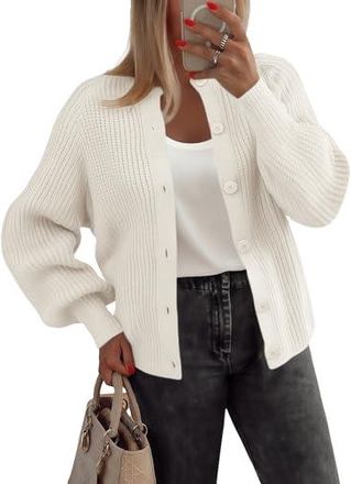 Zeagoo Cardigan Femme Court Tricot Col Rond Ouvert avec Boutons Pull &Eacute;l&eacute;gant D&eacute;contract&eacute; Gilet en Maille pour Femme Blanc XL