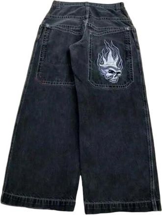 ORANDESIGNE Jeans Y2K Homme Taille Basse Printed Pants Pantalon Unisexe Pantalon Cargo D&eacute;contract&eacute; Imprim&eacute; Hippie Streetwear W Noir XS