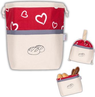 Slowroom Brotbeutel zur Brotaufbewahrung und Frischhalten 3 in 1 - Brotkorb Stoff - Brottasche aus Baumwolle - Brotkasten 32 x 35 cm, Herzen