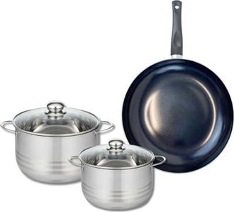 Fackelmann ELO 9720050 Batterie de cuisine 3 pi&egrave;ces, Ensemble de 1 Po&ecirc;le de cuisson 32 cm et 2 faitouts 20 et 24 cm Elo Prima Brillant, inox, induction, Noir