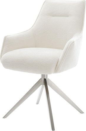 DELIFE Esszimmerstuhl Alja-Flex mit Armlehnen Kreuzgestell breit Edelstahl Boucl&eacute; Soft Beige 360&deg; drehbar Wippfunktion Taschenfederkern