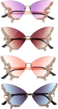 BESTONZON Lot de 4 Lunettes de Soleil Vintage pour Femmes sans Monture avec Pierres Brillantes Protection UV Légère et Confortable Couleurs Assorties Rose Bleu-