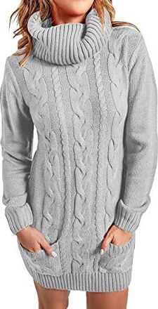 Generic Robes amincissantes pour dames, automne-hiver, coupe ajust&eacute;e, manches longues, col roul&eacute; pliss&eacute;, col rond, robe pull en tricot, gris, XL