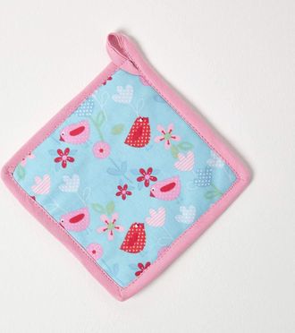 Homescapes Blau-rosa Topflappen gVögel & Blumen 20x20 cm, Topfuntersetzer Baumwolle wattiert, Topflappen waschbar mit Schlaufe zum Aufhängen