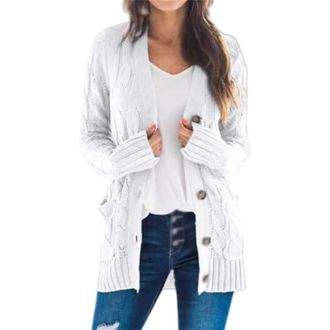 Generic Cardigan dautomne d&eacute;contract&eacute; &agrave; manches longues boutonn&eacute; sur le devant pour femme, cardigan ample &agrave; boutons avec poches, blanc, XXL
