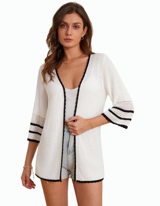 Grace Karin Casual Damen Leicht Sommerjacke 3/4 Ärmel Elegant Dünn Strickjacke Open Front Lang Strickjacken Weiß 2XL