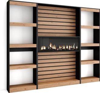 Skraut Home | Bücherregal Bibliothek | Bookshelf, Bookcase | 230x186x25cm | Wohnzimmer, Esszimmer, Büro | Elektrokamin | Moderner Stil | Eiche Schwarz