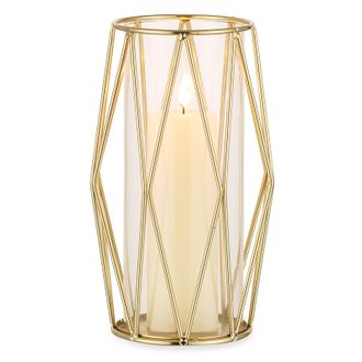 Nuptio Nuptio Gold Stumpenkerzenhalter Glas Hurrikan Kerzenhalter mit Geometrischem Metallständer für Hochzeits Geburtstags Party Mittelstücke Dekorative Blu