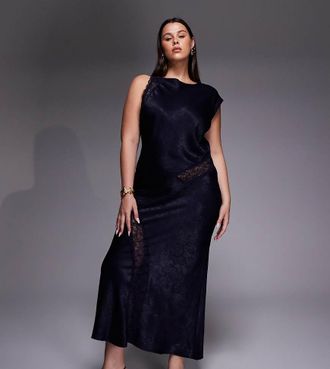 Asos Curve ASOS DESIGN Curve - Robe longue coup&eacute;e en biais en satin et dentelle avec encolure bateau - Bleu marine-Multicolore