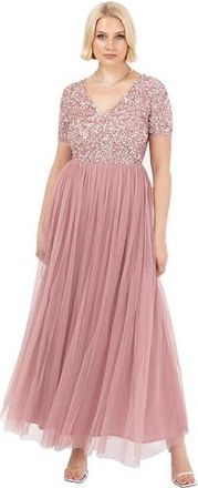 Maya Womens Ladies Dress for Wedding Guest Plus Size Empire High Waist Sequins Short Sleeve Evening Bridesmaid, Robe de Demoiselle dhonneur Femme, Vintage 