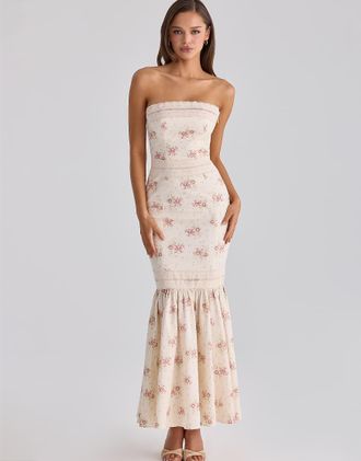 House of CB Alessina - Maxikleid aus Baumwolle und Spitze in Elfenbeinwei&szlig; mit Vintage-Rosenmuster