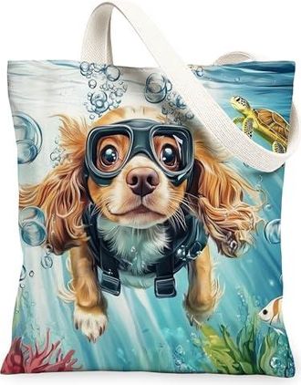 Generic Sac fourre-tout en toile motif chien cocker am&eacute;ricain estival 33 x 38,1 cm, sac d&eacute;picerie r&eacute;utilisable pour femme, motif animal de compagnie esth&eacute;tiqu