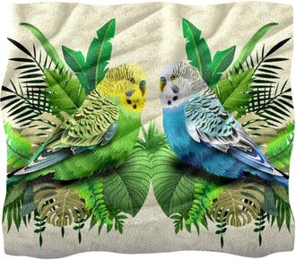 Generic Fleece-Überwurfdecke für Couch, Sofa, Bett, gemütliche, weiche Decken, grüner und blauer Wellensittich in Blättern
