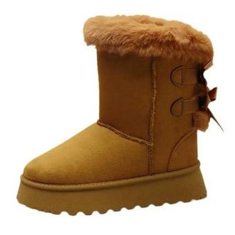 Generic NYSBH Bottes de neige dhiver &agrave; semelle &eacute;paisse avec noeud et bouche en fourrure et bottes en coton &eacute;pais et moelleux, style d&eacute;contract&eacute;, beige, 39.5 E