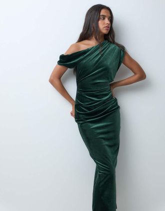 Asos robe midi asym&eacute;trique &agrave; &eacute;paules nues en velours &eacute;meraude-Noir