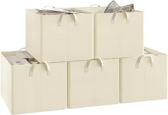 Woltu Boîte de Rangement Pliable, Lot de 5 Paniers de Rangement en Tissu Non-Tissé, avec Poignées, pour Vêtements et Jouets, Crème, 47x35x30 cm