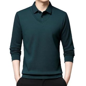Generic Chemise en tricot &agrave; manches longues pour homme avec revers ray&eacute;, vert fonc&eacute;, XXL