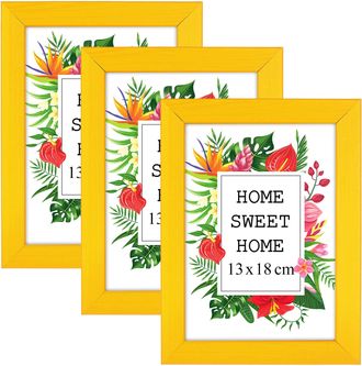 MG Design Set aus 3 Gelb Bilderrahmen 13 x 18 cm - Aus echtem Holz mit Acrylglas, zum Aufhängen & Aufstellen, für Fotos, Poster & Puzzle