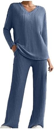 Generic Ensembles en maille pour femme &eacute;l&eacute;gant ensemble 2 pi&egrave;ces laine tenue d&eacute;contract&eacute;e ensembles pull &agrave; col en V &agrave; manches longues et pantalon &agrave; jambes lar