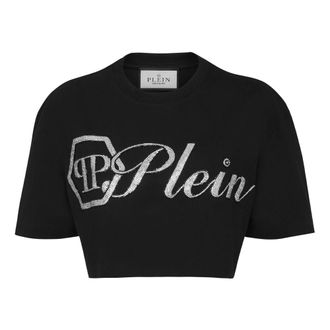Philipp Plein Femme, Tops, Noir, Taille: 36 FR Cropped T-Shirt Crystal Signature
