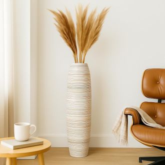 Leewadee Gro&szlig;e Deko Bodenvase F&uuml;r Dekozweige, Hohe Standvase F&uuml;r Pampasgras, Design Holzvase, 85 cm, Wei&szlig;