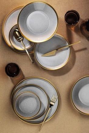 Hermia Elegant 16-Piece Dinner Set, 100% Porcelain, Grey & Gold | Includes 4 Service Plates (25cm), Plates (20cm), Bowls (14cm), Mugs (8cm) | Stylish & Sophi
