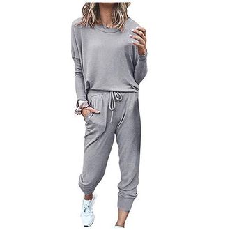 Generic Ensemble complet de survêtement pour femme, tenue décontractée 2 pièces pour femme - Tunique confortable à manches longues et pantalon de couleur unie