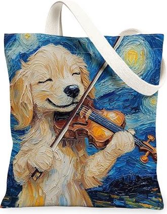 Generic Golden Retriever Sac fourre-tout en toile r&eacute;utilisable pour faire du shopping 33 x 38,1 cm, motif violon &eacute;toil&eacute;, sac d&eacute;picerie r&eacute;utilisable pour femme