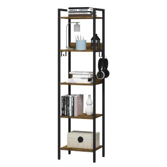 Woltu Lagerregal mit 5 Ebenen, Küchenregal mit 4 Haken, Bücherregal im Industriestil, Standregal im Wohnzimmer Küche, schmales Leiterregal, Schwarz + Vintag
