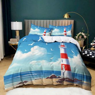 Generic Blau Bettw&auml;sche 180 x 200 cm f&uuml;r Jungen M&auml;dchen Erwachsene, Ozean Leuchtturm M&ouml;we Bettbezug, Weich & Angenehm Microfaser Bedruckte Bettw&auml;sche-Sets mit