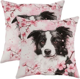 Generic Fr&uuml;hlingsblumen-Hunde-Kissenbez&uuml;ge, 2er-Set, Pfirsichbl&uuml;hender Border Collie-Design, charmante dekorative Kissenbez&uuml;ge f&uuml;r Zuhause, Sofa, Bett, Couch,