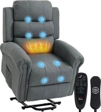 HOMCOM Fauteuil releveur &eacute;lectrique - HOMCOM - massage et chauffage, dossier inclinable, ports USB - tissu en lin - 87x87,5x108cm - gris