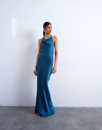 Topshop Hochgeschlossenes Maxikleid in Petrol mit Wasserfallausschnitt-Rosa