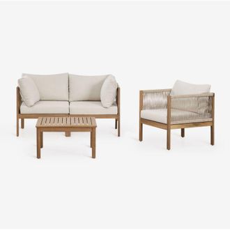 Sklum Wohnzimmerset mit 2-teiligem Modulsofa mit Armlehnen, Sessel und Couchtisch aus Branson-Akazienholz Akazie Braun - Sklum